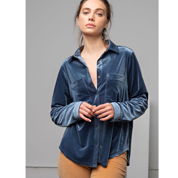 easel | Tops | Button Down Velvet Shirt In Blue | Poshmark